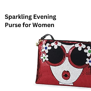 PGI Traders Pretty Woman Sequined Red Clutch | Sparkling Evening Purse for Women | Vegan Leather | Large Handbag | Detachable Shoulder Strap