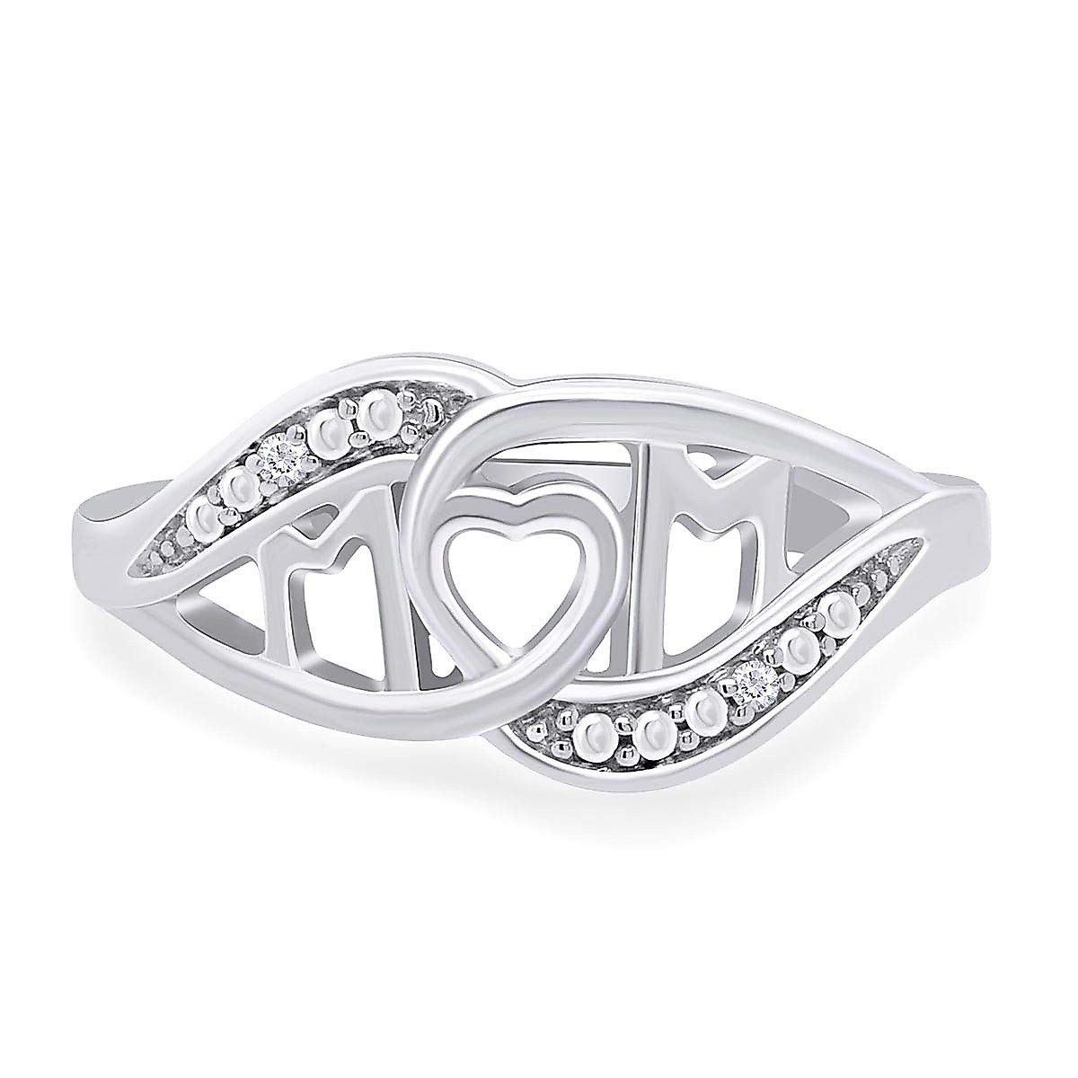 Round Cut White Natural Diamond Accent "MOM" Ring In 14k White Gold Over Sterling Silver Jewelry For Her Women (I-J Color, I2-I3 Clarity, 0.01 Cttw) Ring Size-6