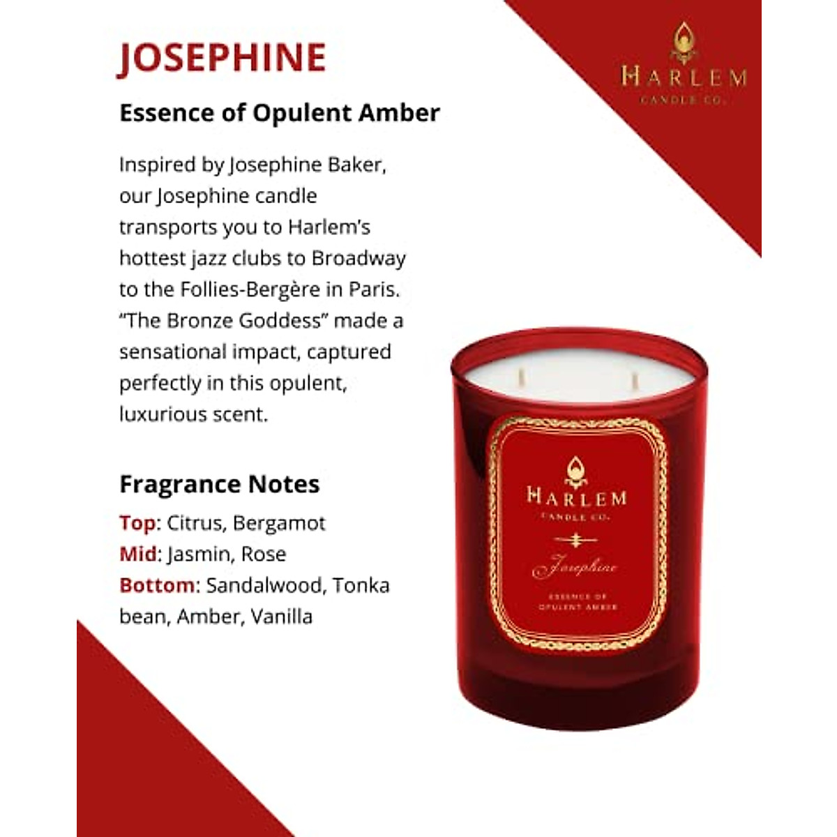 Harlem Candle Company, Josephine Luxury Scented Candle, Double Wick, 12 oz Red Glass Jar, Soy Wax, Gift Box, Scents of Rose, Jasmine, Amber, Tonka Bean and Sandalwood