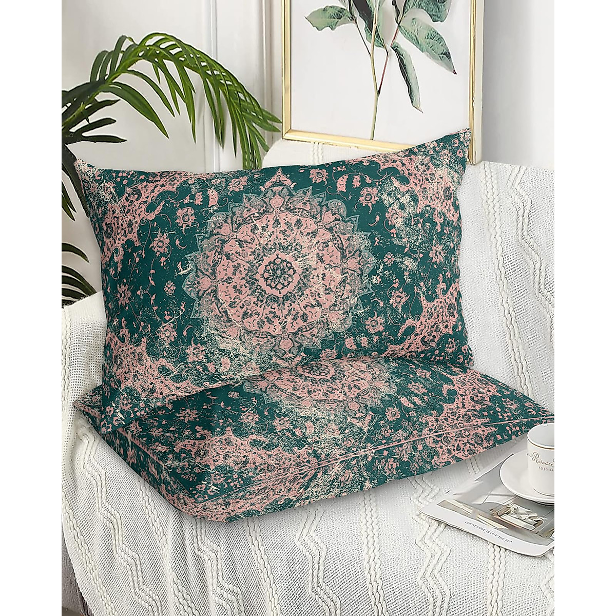 Edwiinsa Boho Modern Pillow Covers Standard Size Set of 2 20x26 Bed Pillow, Plush Soft Comfort for Hair/Skin Cooling Pillowcases with Envelop Closure Throw Covers Green Abstract Minimalist Flower