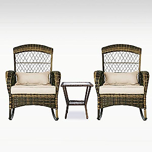 ENSTVER 3 Pieces Patio Conversation Set w/ 2 Rattan Wicker Rocking Chairs and Glass Table,for Garden Backyard Lown Porch (Beige)