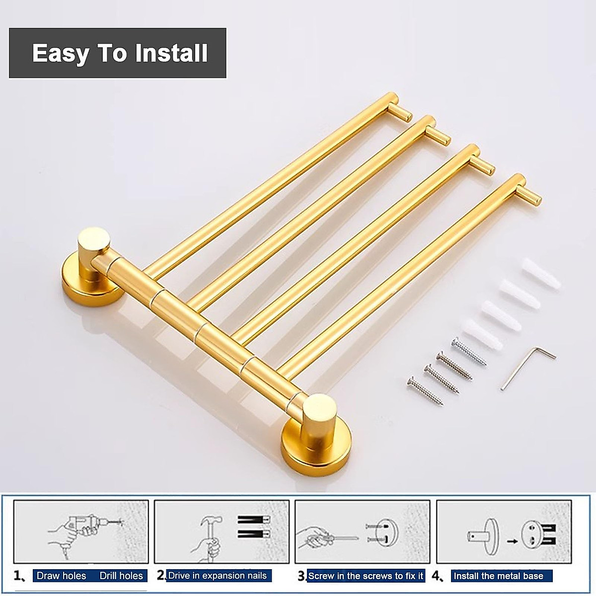 Swivel Gold Bathroom Towel Holder,Swing Out Towel Racks for Bathroom Kitchen,Wall Mount Drying Racks for Laundry,Rustproof Solid Aluminium Towel Hanger Storage Organizer Space Saving Towel Rails (Col