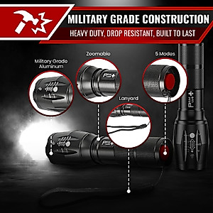 PeakPlus LED Flashlights High Lumens, Tactical Flash Lights [4 Pack] - Super Bright Waterproof Zoomable 5 Modes - Powerful Handheld Flashlights for Emergencies, Camping, Outdoor, Dog Walking