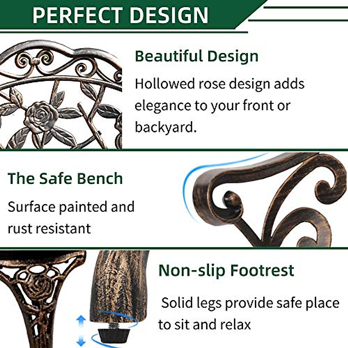 Payhere Garden Benches for Outdoor, 39.7 in Antique Designed Metal Rose Carving Front Porch Bench, Cast Iron Cast Bronze Frame Antique Finish, Durable Patio Park Decor Leisure Bench for 2 Person Seat