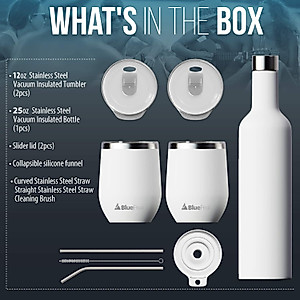 BluePeak Double Wall Vacuum Stainless Steel Insulated Wine Tumbler Set, 3-Pack - Includes Spill-Proof Sliding Lids, Straws, Cleaning Brush, Silicone Funnel & Gift Box - Travel Drinking Set (White)