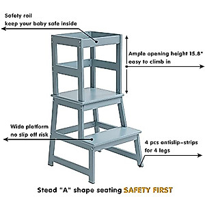 Kitchen Step Stool for Toddlers and Kids with Safety Rails for Kitchen Counter Solid Wood (Baby Blue)