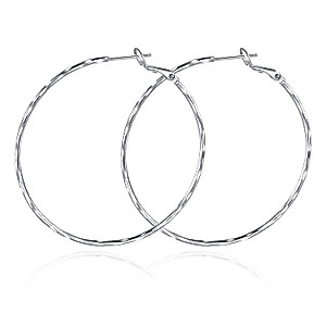 Hoop Earrings 925 Sterling Silver Post for Women 18K White Gold Plated Lightweight Hypoallergenic Diamond Cut Textured Round Hoop Earrings Thin Large Hoops Loop Earrings Size 50mm