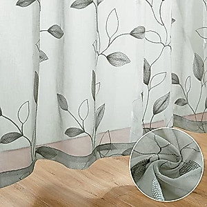 HOMEIDEAS Sage Green Sheer Curtains 52 X 84 Inches Long 2 Panels Embroidered Leaf Pattern Pocket Faux Linen Floral Semi Sheer Voile Window Curtains/Drapes for Bedroom Living Room