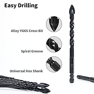 HPHOPE 10Pcs Masonry Drill Bits Set - Concrete Drill Bit Set for Tile, Brick, Glass, Plastic and Wood, Tungsten Carbide Tip Work with Ceramic Tile, Wall Mirror, Paver on Concrete or Brick Wall