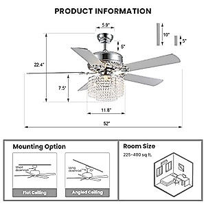CROSSIO 52 Inch Crystal Ceiling Fan with Light and Remote Control, Modern Chandelier Fan with 5 Reversible Wood Blades Chrome Fandelier for Living Room Bedroom (Fine line Crystal-Ceiling Fan)