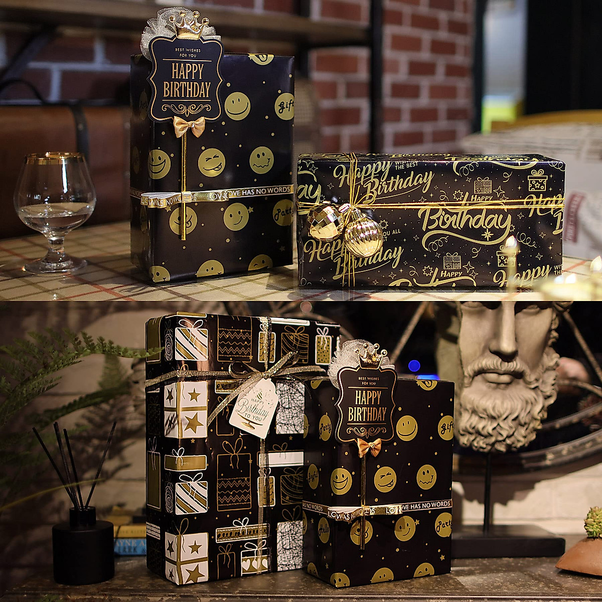 Larcenciel Birthday Wrapping Paper, Gift Wrapping Paper set, Black Gold Design w/Jute Twine and Gift tag, Gift Wraps for Birthday, Valentines, Christmas, Graduation, Baby Shower,4 Sheets 27.5x19.6inch