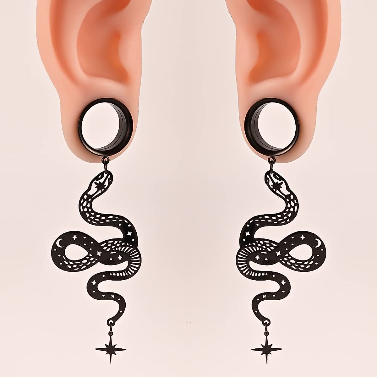 Atomhole 2PCS Snake Dangle Ear Gauges Hypoallergenic Stainless Steel Ear Plugs Ear Hangers for Stretched Ears Tunnels Pair Selling 2g 0g Body Jewelry (10mm(00G), Black)