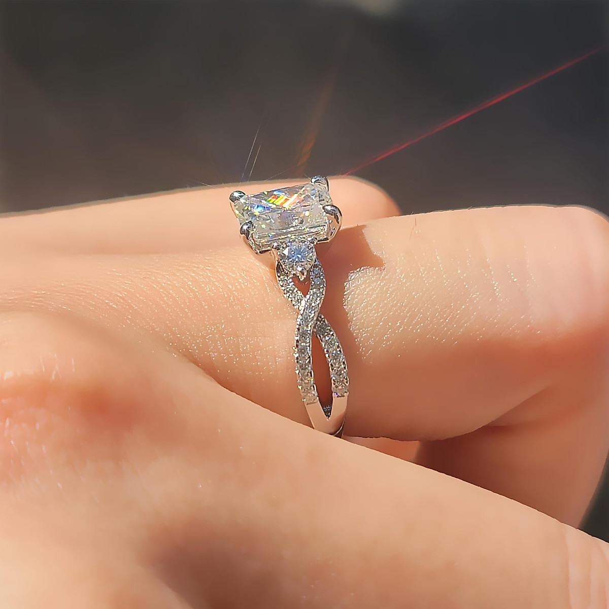 DovEggs Moissanite Engagement Rings for Women 2ct 6X8mm GHI Radiant Cut Moissanite Split Shank Wedding Ring Set 14K Gold Quality Sterling Silver(Engagement Ring Only, 8.5)