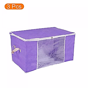 uxcell Clothes Storage Bag 3pcs, Foldable Storage Bins for Clothes, Comforters Storage Bags with Reinforced Handle, Sturdy Zipper, Closet Organizer with Clear Window-Purple