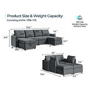 LINSY HOME Modular Sectional Sofa, Convertible U Shaped Sofa Couch with Storage, Memory Foam, Modular Sectionals with Ottomans, 6 Seat Sofa Couch with Chaise for Living Room, Dark Grey
