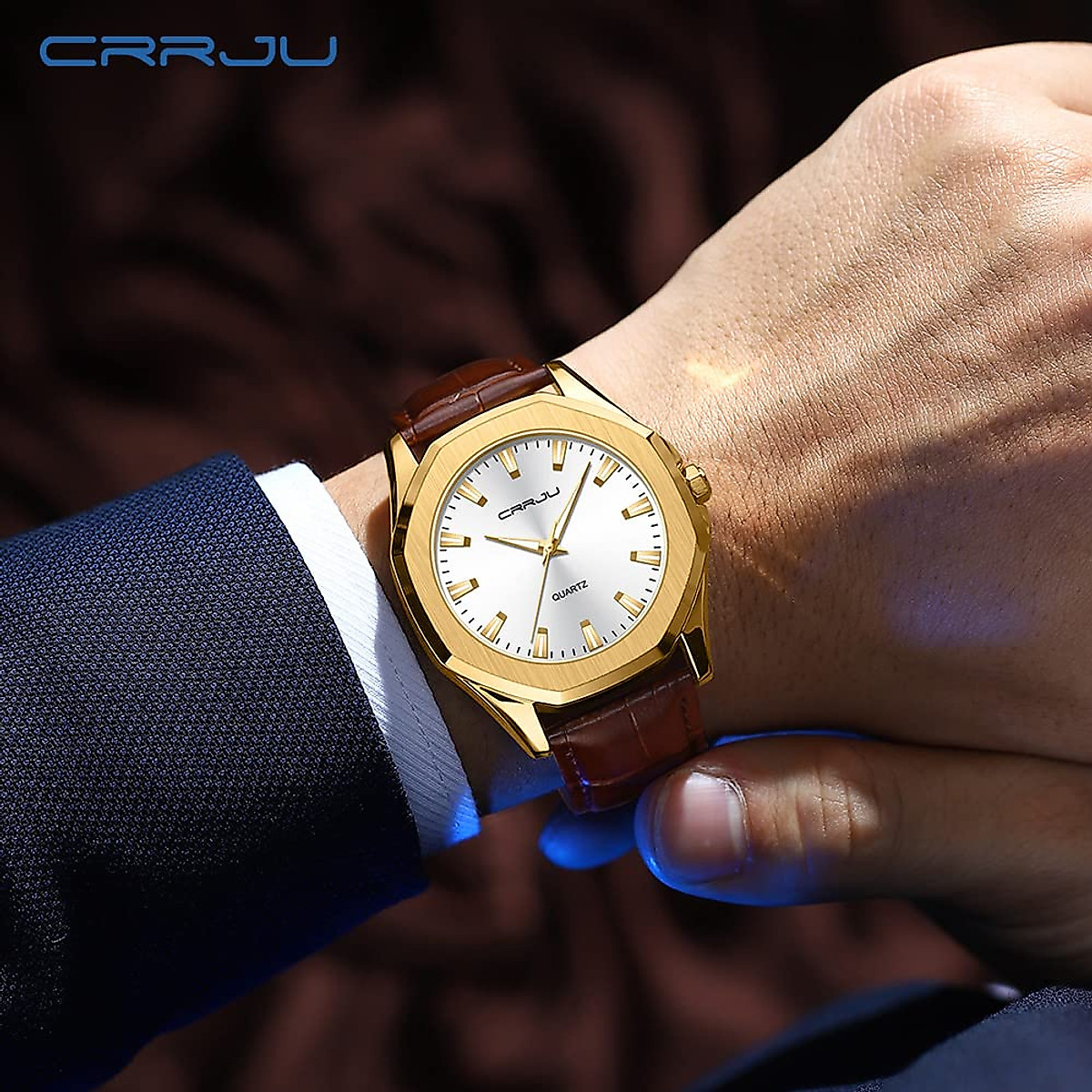 CRRJU Men's Golden Fashion Luxury Classical Leather Watches for Men Business Simple Luminous Analog Quartz Wristwatches