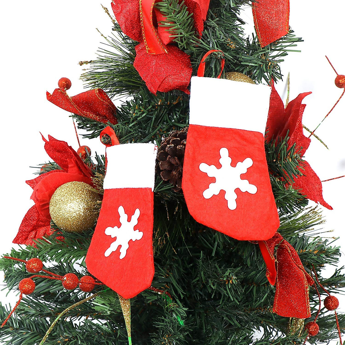 12 Packs Mini Christmas Stockings Bulk Small Christmas Dinner Table Decorations Snowflake Tableware Silverware Holders Christmas Tree Socks Knife Spoon Fork Bag for Xmas Party Dinner Table Supplies