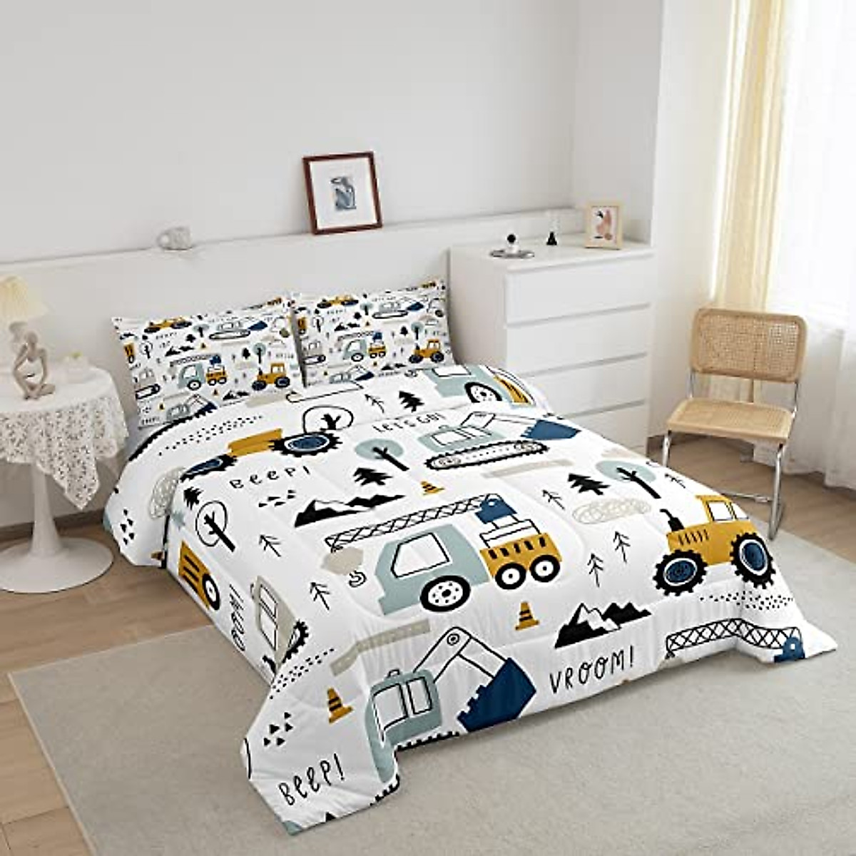 Cartoon Car Kids Comforter Set Construction Bedding Set Decor Equipment Trucks Comforter Cartoon Car Excavator Tractor White Yellow Duvet Set Bedroom Quilt Set 3Pcs Full