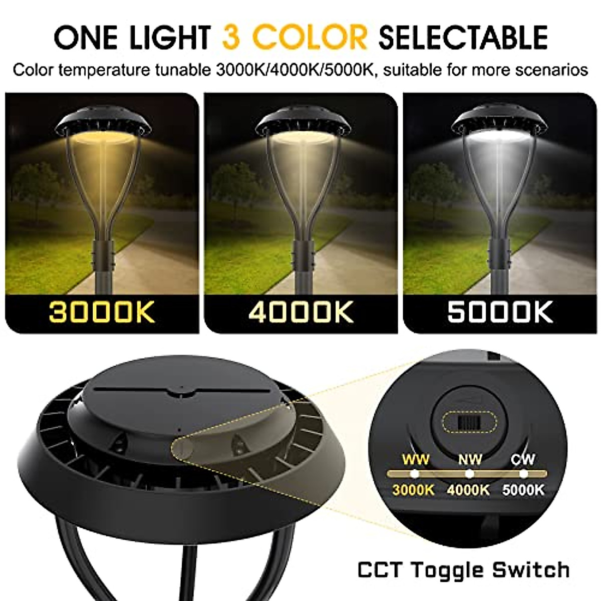 KINSNG Led Post Top Light, Dusk to Dawn LED Post Light 100W 14,000Lm 3000K 4000K 5000K Tunable Outdoor Post Pole Garden Light IP65 for School Yard Garden Street ETL DLC Listed