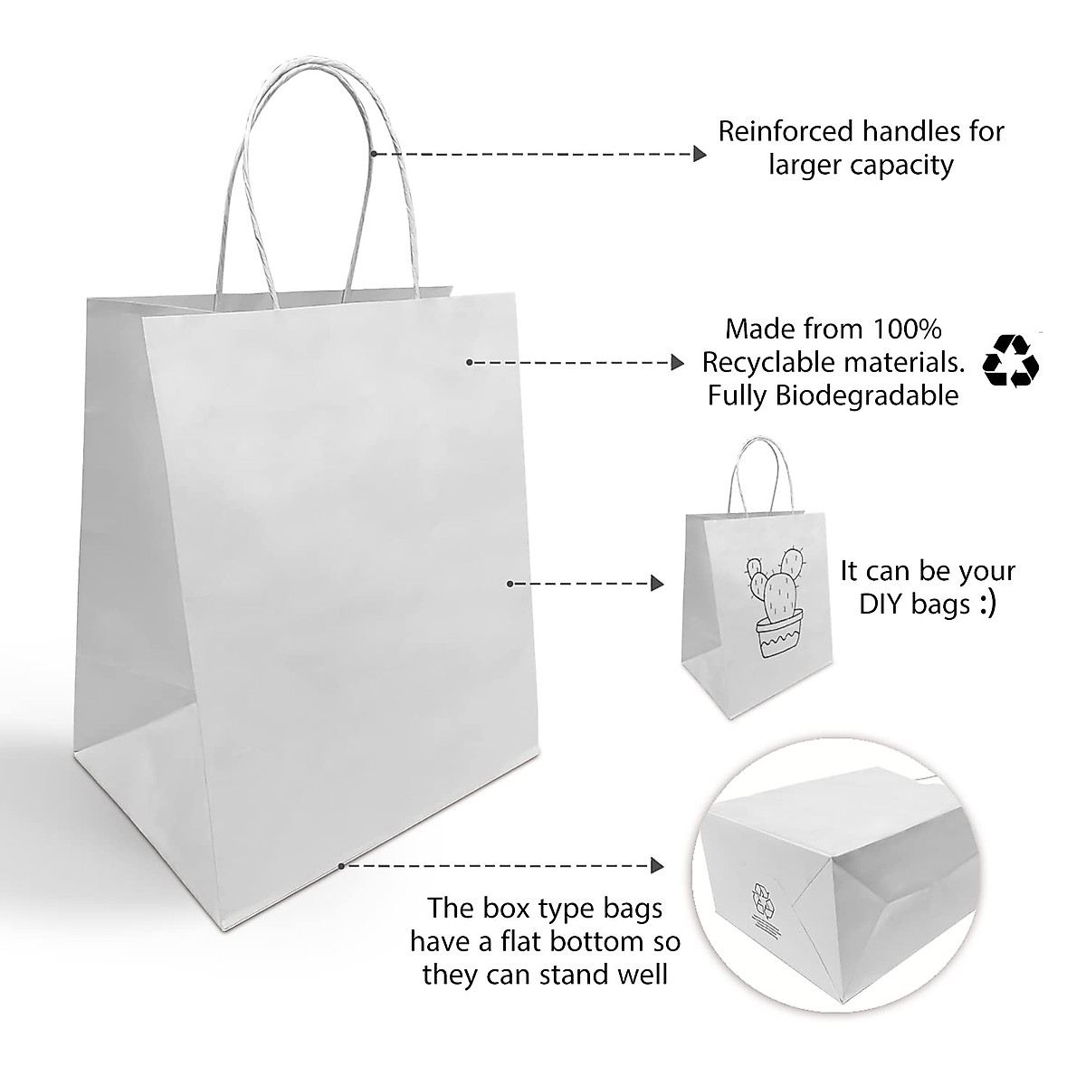 White Paper Bags with Handles, 50 Count 10x6.75x12 Inches White Kraft Paper Bags for Wedding bags, Gift bags, Food bags, Shopping bags, Grocery bags, Storage bags, Lunch bags, Take Out bags, Retail bags and More, Reusable, Eco-friendly and Sustainable 107