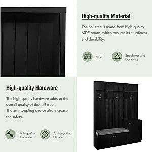 BNSPLY 59" Hall Tree with Bench and Shoe Storage, Modern Entryway Bench with Coat Rack and Cushion, Mudroom Bench with 2 Large Storage Cabinet,3 Metal Hooks and Top Shelves for Hallway (White)