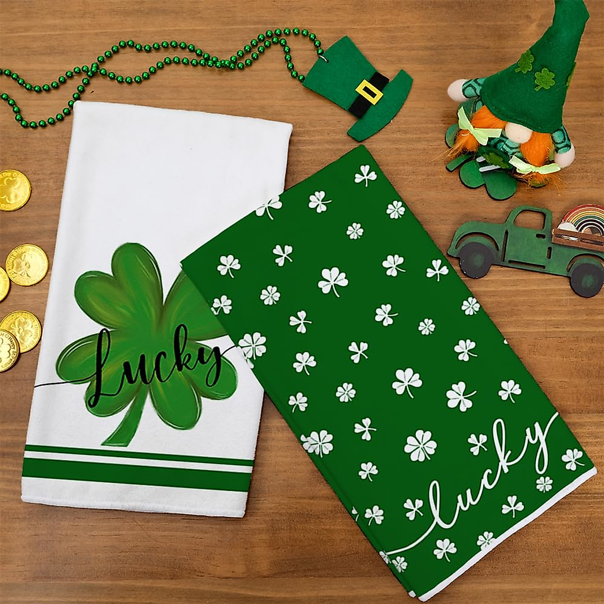 ARKENY St Patricks Day White Shamrock Kitchen Towels Dish Towels St. Patrick's Day Decorations for Home Drying Cloth Lucky Sign 18x26 Inch Stripe Hand Towel for Cooking Set of 2