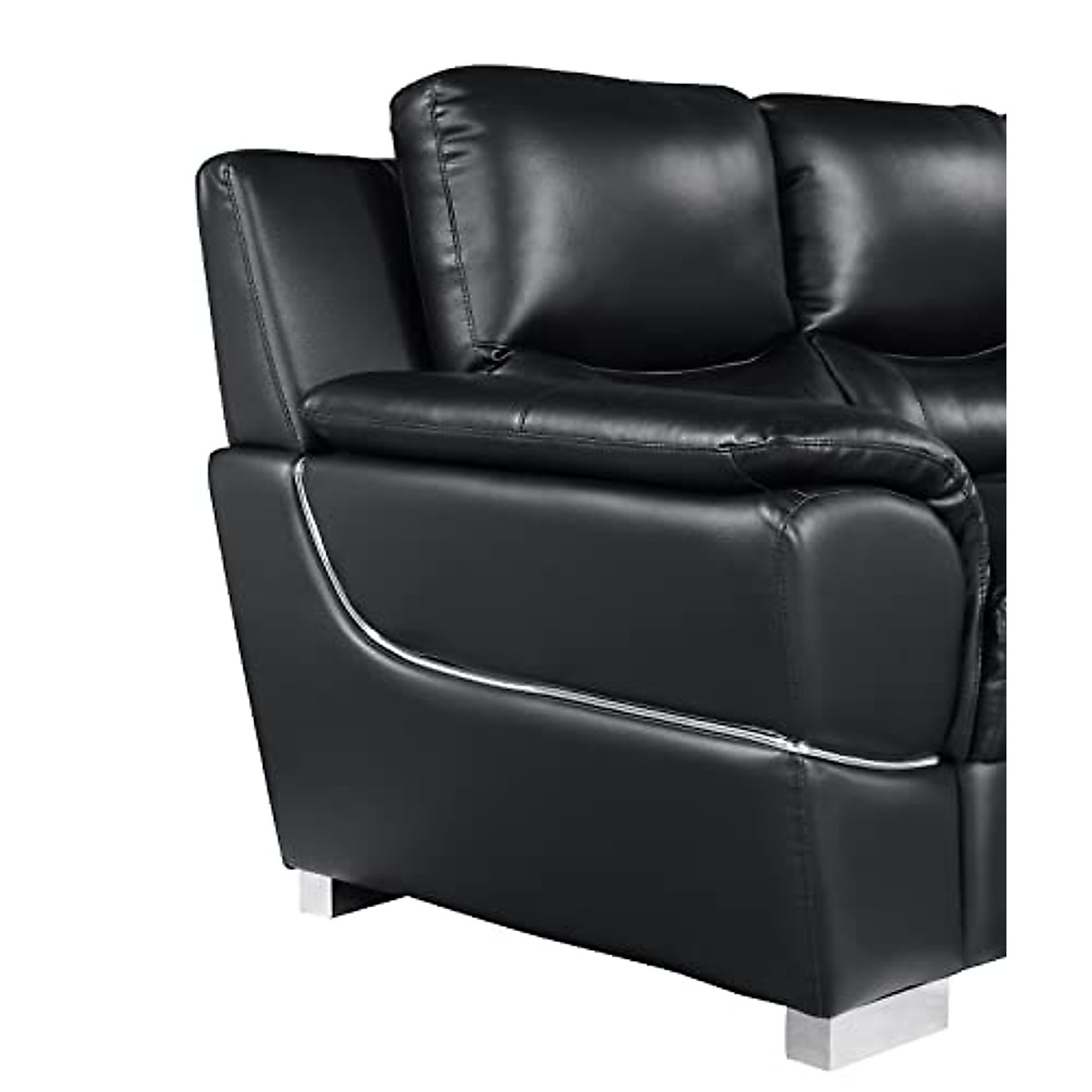 Blackjack Furniture Binion Modern Leather Loveseat for Living Room with Padded Headrests, Stainless Steel Legs & Accent Chrome Trim, Black