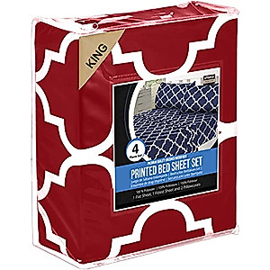 Utopia Bedding King Sheet Set, Soft Microfiber 4 Piece Bed Sheets with 16" Deep Pocket - Easy Care Brushed Microfiber (Quatrefoil - Burgundy)