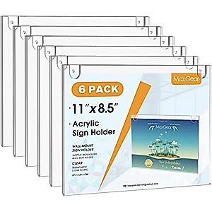 MaxGear Acrylic Sign Holder 8.5 X 11 Wall Mount Sign Holder Clear Plastic Picture Frames with 3M Tape Adhesive and Screws for Office, Home, Store, Restaurant - Landscape, 6 Pack