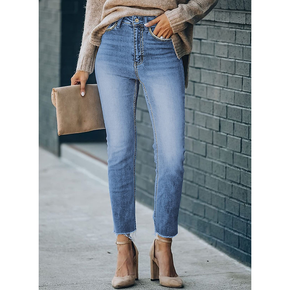 Sidefeel Women's Classic Skinny Frayed Ankle Denim Zimbaplatinum Stretch Straight Jeans Size 14 Blue