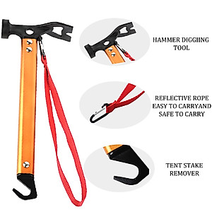 Carbon Steel Aluminum Camping Hammer, 12" Small Lightweight Three-in-One Functional Tent Stake Hammer for Hiking Kit Orange