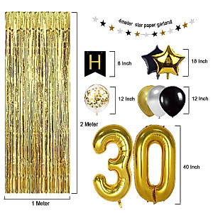 Black and Gold 30th Birthday Decorations Banner Balloon, Number Foil 30 Balloon, 30 Years Old Birthday Decoration Supplies