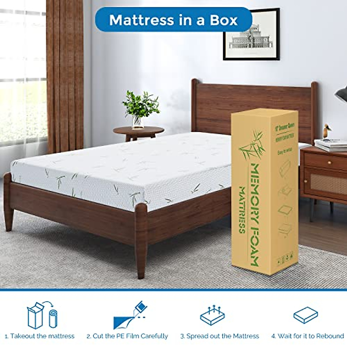 IULULU Full Mattress, 6 Inch Memory Foam Mattress in a Box, Green Tea Gel Infused Mattresses with Breathable Bamboo Cover for Cool Sleep, Medium Firm Supportive, CertiPUR-US Certified