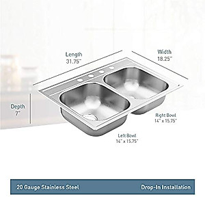 Moen GS202154BQ 2000 Series 33-inch 20 Gauge Drop-in Double Bowl Stainless Steel Kitchen Sink, 4 Hole, Featuring QuickMount