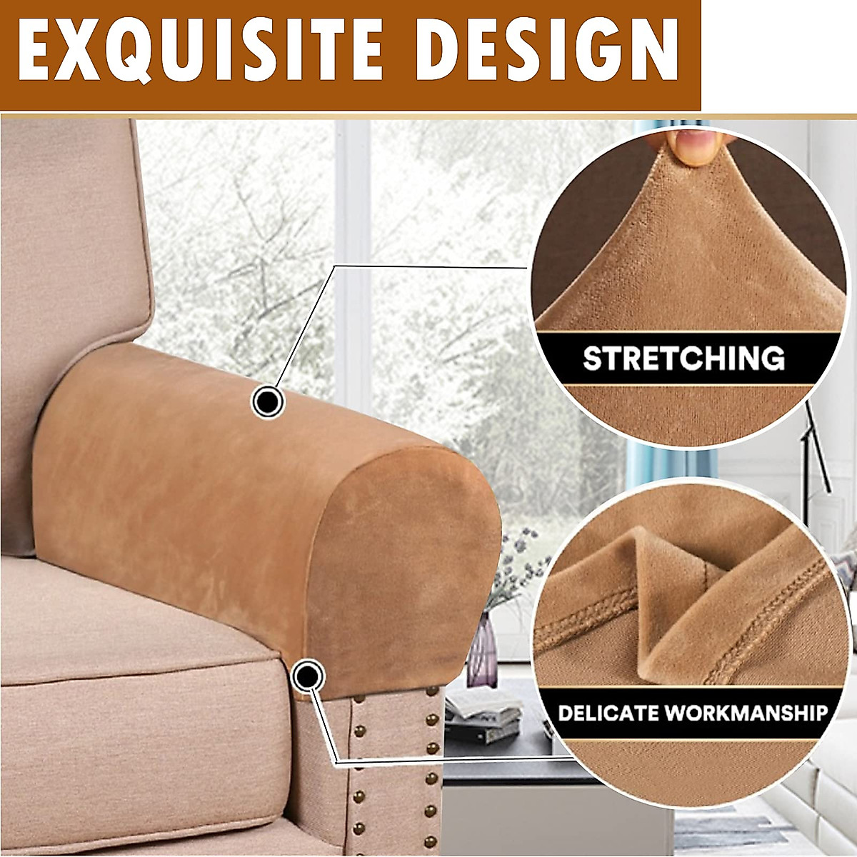 GAMUKAI Stretch Velvet Armrest Covers Spandex Anti-Slip Arm Covers for Chairs Sofa Armchair Slipcovers for Recliner Sofa 2pcs (Leather)