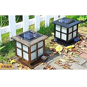 ROLTIN Creative Outdoor American Vintage Solar Pillar Lamp IP65 Aluminum Waterproof Glass Lantern LED Victorian Retro Post Light Decking Patio Garden Landscape Decoration (Black H)