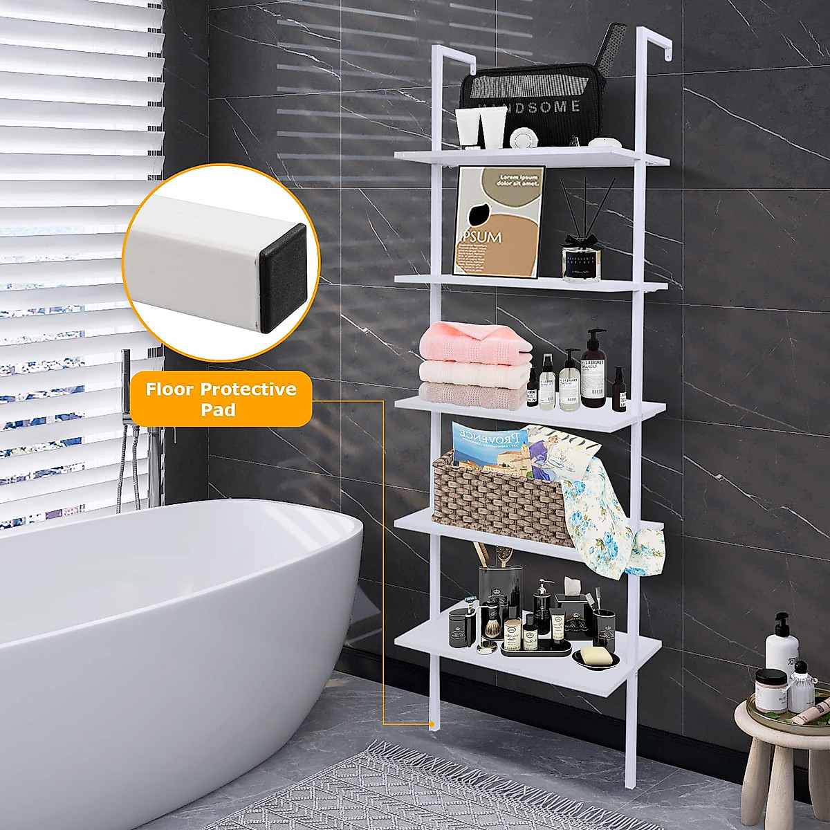 ANTSKU 5 Tier Wall Mounted Ladder Shelf, Ladder Bookshelf with Metal Frame and Wood Shelf, Modern Learning Bookcase for Living Room, Bedroom, Office (23.6" W x 11.8" D x 70.8" H, White)