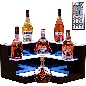 Corner LED Liquor Bottle Display Shelf, 20 in 3 Step LED Display Shelf DIY Mode Illuminated Bottle Shelf Color Changing with LED Color Remote Control High Gloss Black Finish for Home Party Bar