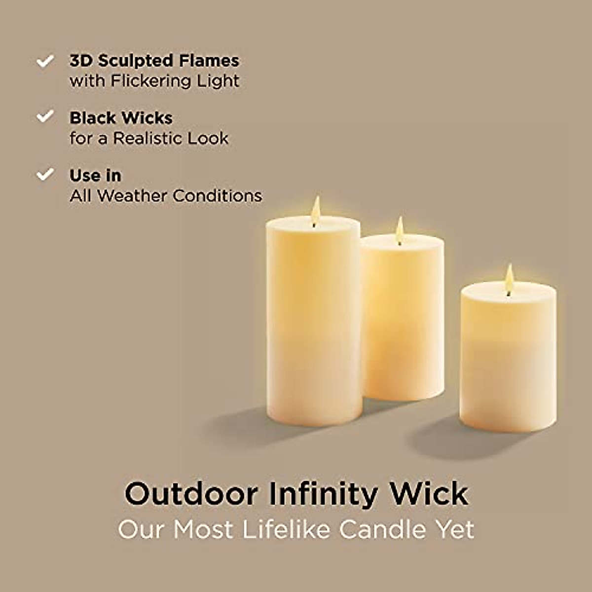 Outdoor Ivory Flameless Candles with Timer: LED Pillar Candle Set of 3, Waterproof Patio Decor, Battery Operated, Remote Control Included, Realistic Flickering Warm White Light - 3x4 3x5 & 3x6