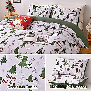 Luxudecor Christmas Duvet Cover Set Queen Size 3 Pieces, Green Christmas Tree Pattern, Soft Microfiber Duvet Cover, Reversible Bedding Set Xmas Holiday Decor(Not Comforter)