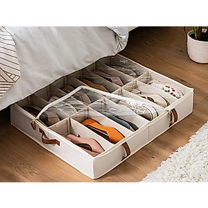 StorageWorks Under Bed Shoe Storage Organizer, Underbed Shoes Container with Adjustable Dividers, Shoe Storage Basket with Cover, Beige, 2-Pack, Space-Saving Shoe Box Fits up to 24 Pairs