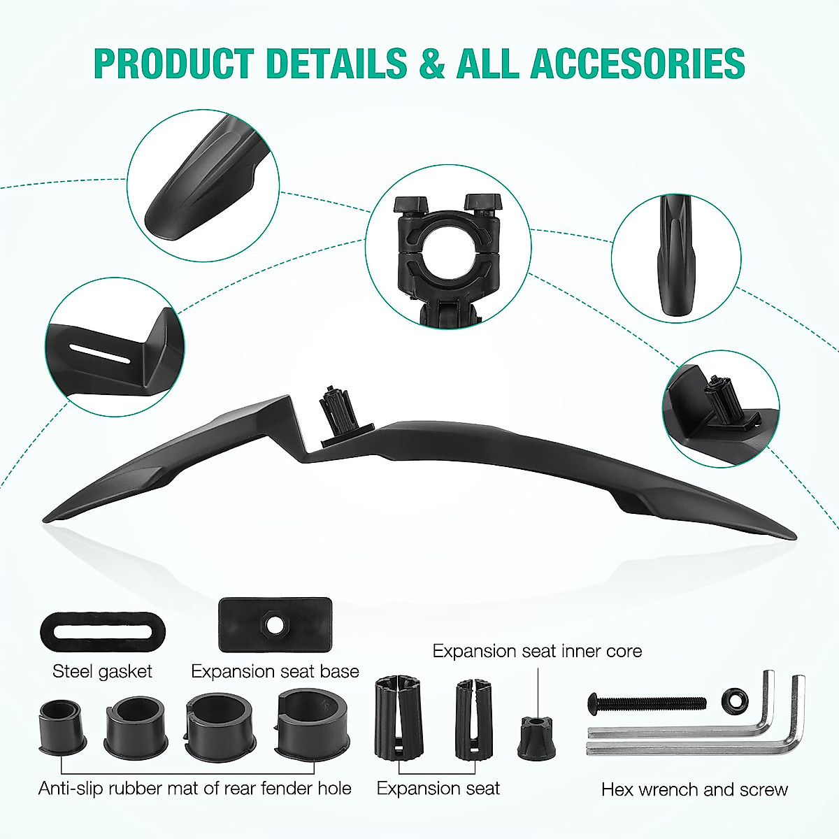 Rimore Bicycle Bike Fender Mudguard, Adjustable Mountainbike Bicycle Fenders for 26, 27.5, 29In Splash Guard Front Rear MTB Mud Guard Bicycle fender