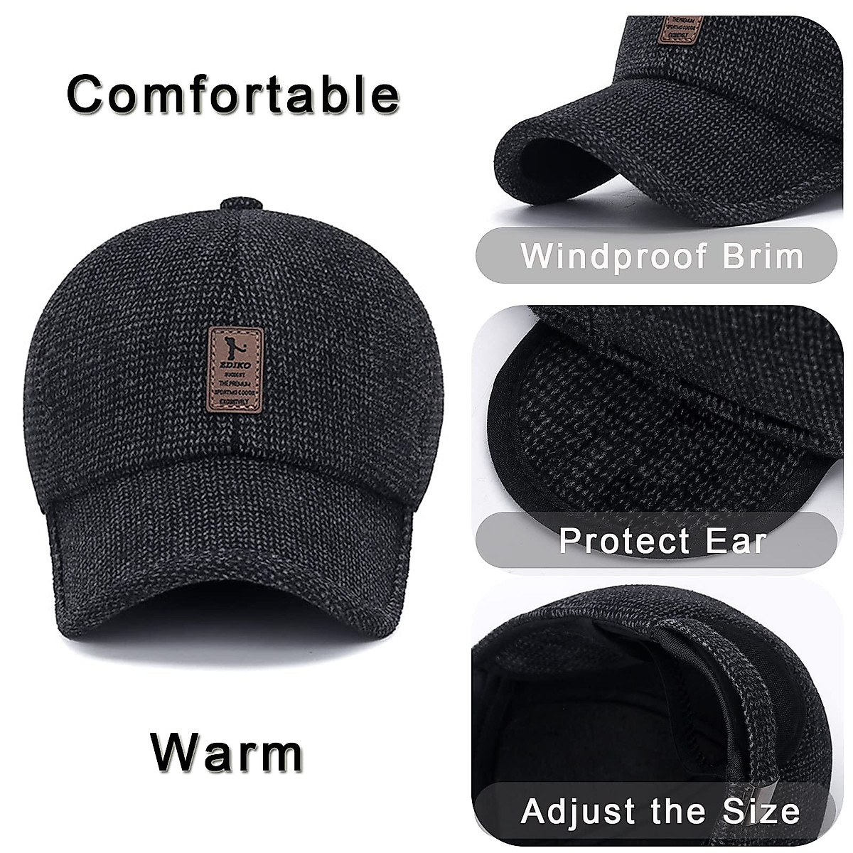 Winter for Men Outdoor Hat, Adjustable Warm Sport Golf Baseball Cap Hats Dad Caps Earflaps Thicken 55-60CM (Brown) (Cotton, Black)