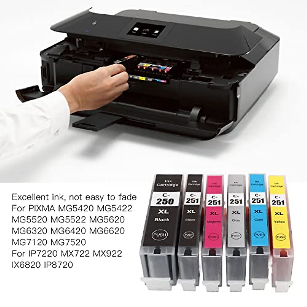 FTVOGUE 250‑251 Multi Colors Ink Cartridge Replacement Printer Inkjet Cartridges for PIXMA (BK BK C M Y GY 6 Colors)