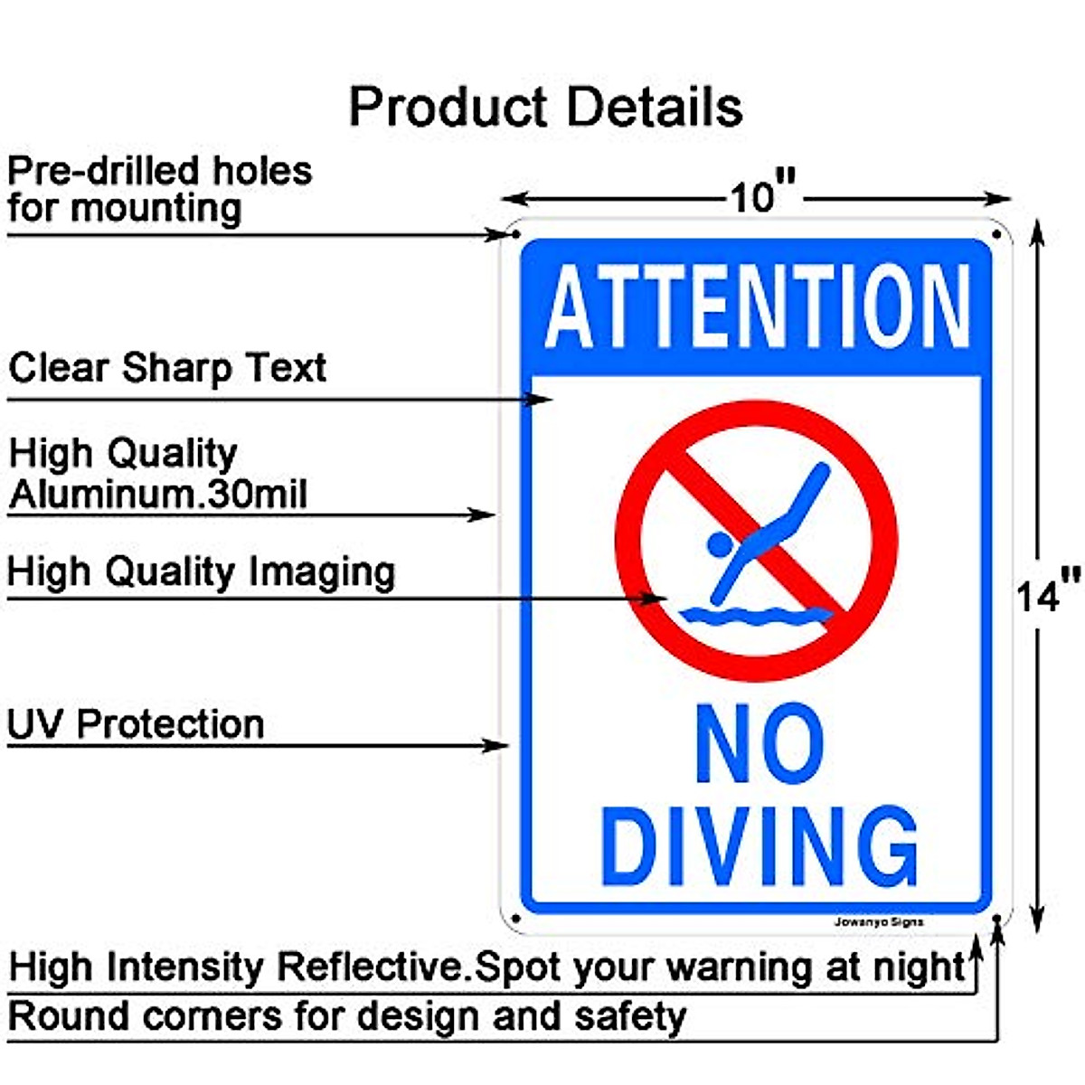 Attention No Diving Pool Sign,14 x 10 inches,Reflective Aluminum,Easy to Mount,UV Protected,Weather Resistant,Waterproof,Durable Ink,Outdoor or Indoor Use,2 Pack