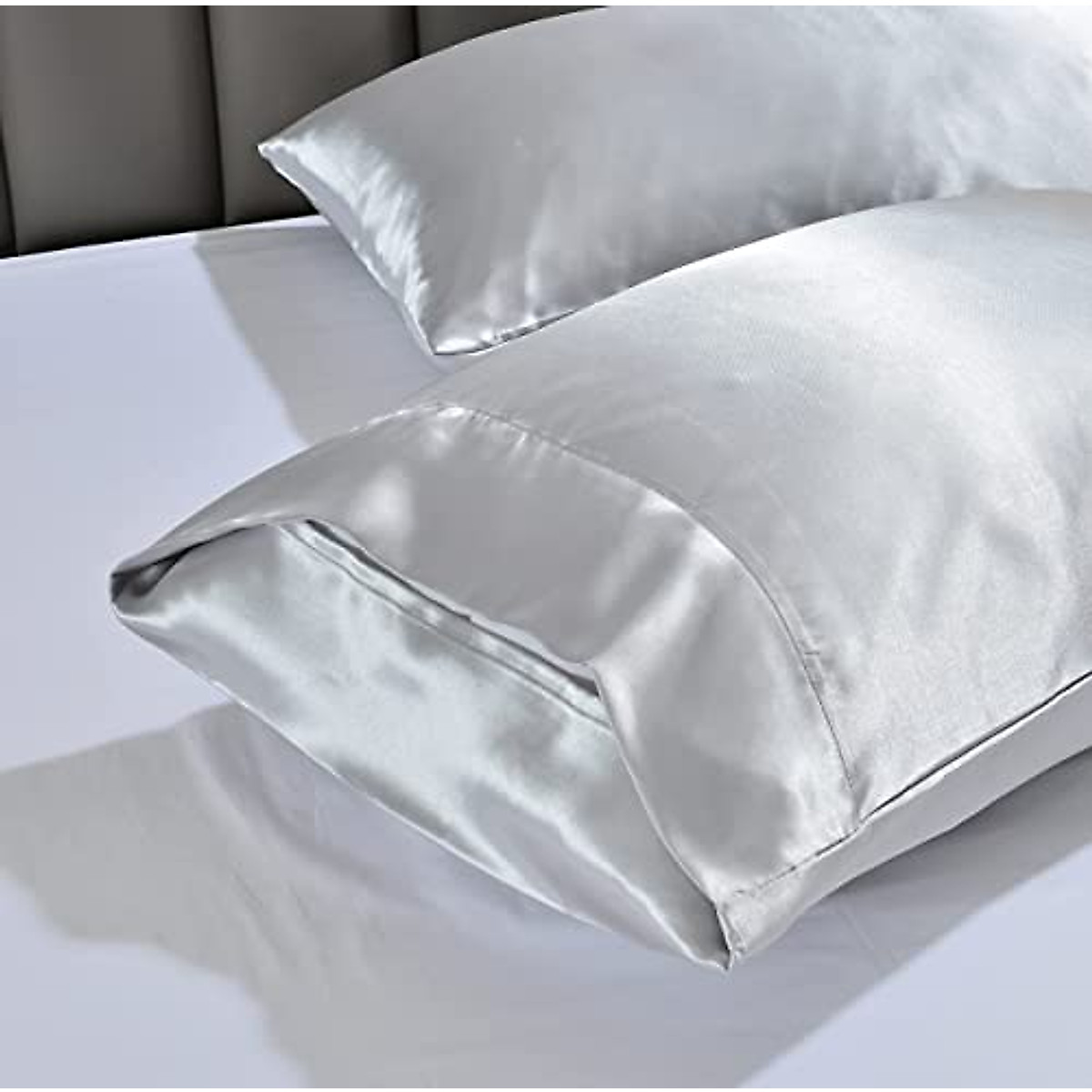 Pack of 2 Satin Pillowcases for Hair and Skin, Satin Pillow Cases Set of 2 Pillow Cover with Envelop Closure (King, Silver)
