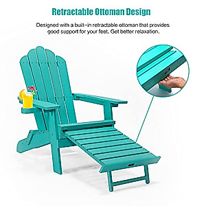 TALE Folding Adirondack Chair with Pullout Ottoman with Cup Holder, Weather Resistant, Oversized, Poly Lumber, Lawn Outdoor Fire Pit Chairs, for Patio Deck Garden, Backyard, Aruba Blue
