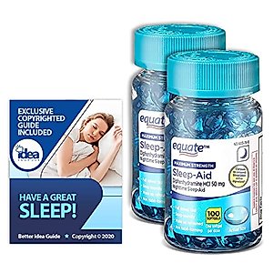 Equate Maximum Strength Sleep-Aid Softgels 50mg, 100 Ct (2 Pack) Bundle with Exclusive "Have a Great Sleep" - Better Idea Guide (3 Items)