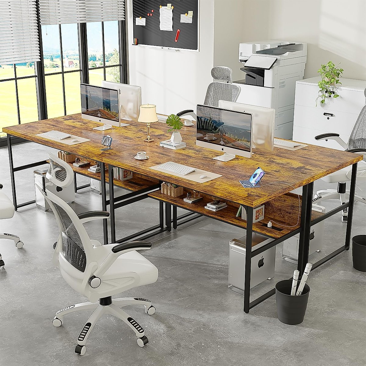Unikito Computer Desk with Power Outlets, Executive Desk with Extra Thick Tabletop, Computer Office Desk Workstation with Bookshelf, Modern Simple Study Writing Table for Home Office, Rustic Brown