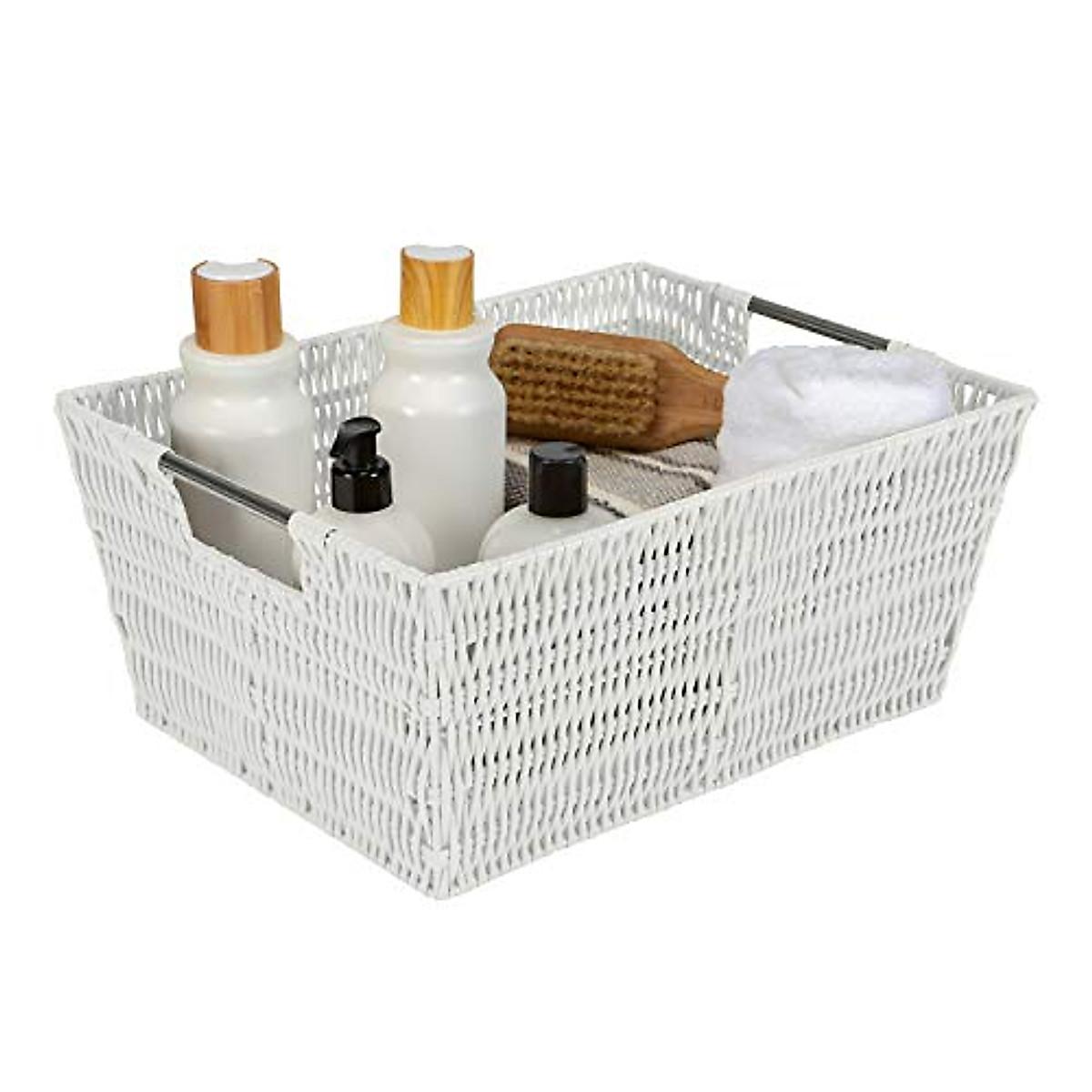 Simplify 3 Pack Set Woven Baskets with Handles, for Storage, Blankets, Toys, Books, Ideal for Home, Office, Dorm, Playroom, Closet, in White 3 Piece Rattan Tote